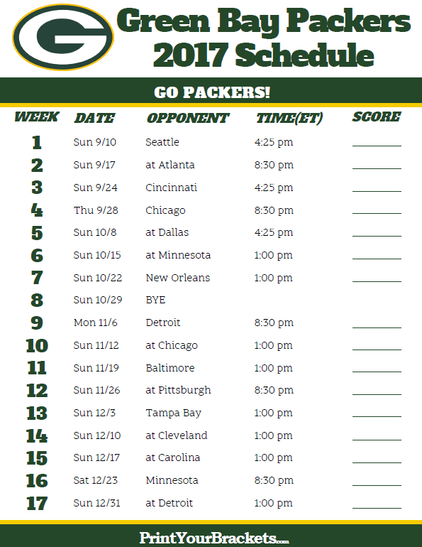 Free: 2017 Green Bay Packers Football Schedule | Printable NFL ...