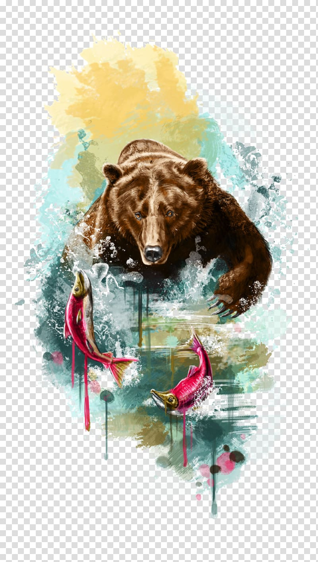 Free: Brown bear catching fish illustration, Hand painted watercolor ...