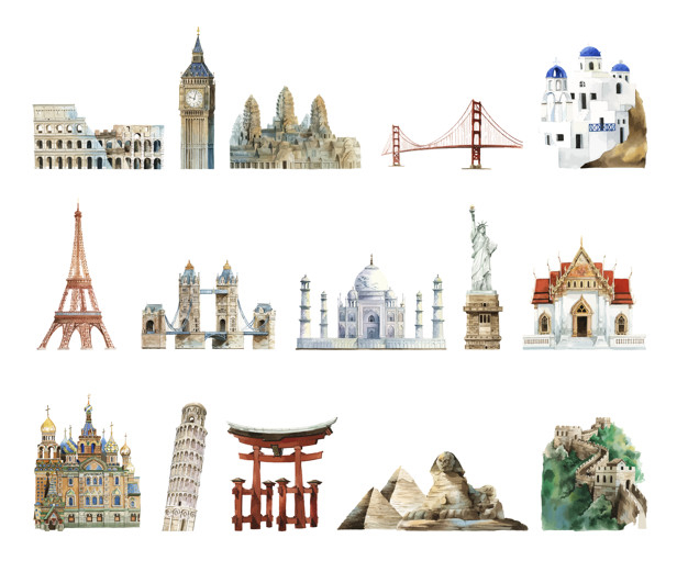 Free: Collection of architectural landmarks painted by watercolor ...