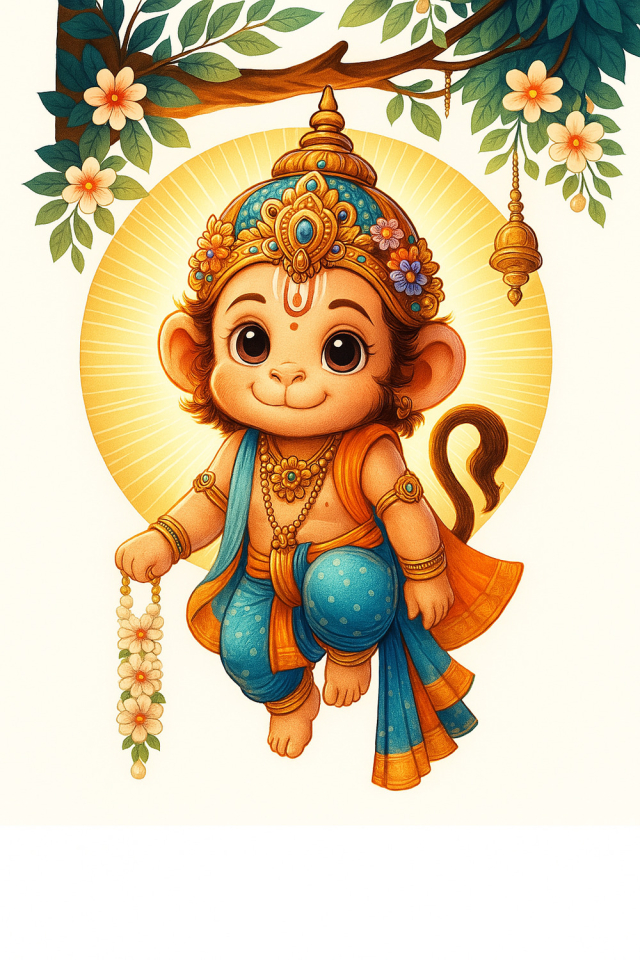 Free: Cute Bal Hanuman Hanging from Tree in Indian Style Art - nohat.cc