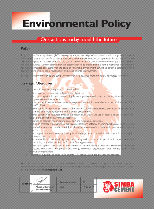 Free: Environmental policy - Welcome to Tanga Cement PLC | Simba Cement ...