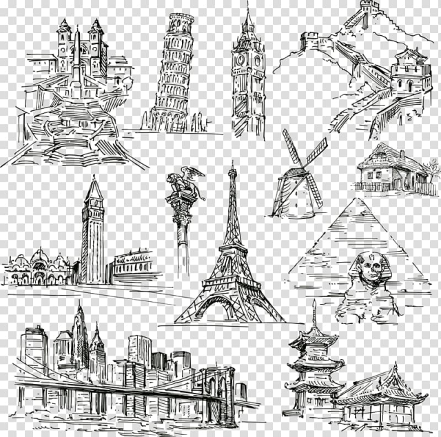 Free: Famous landmark illustrations, Statue of Liberty Eiffel Tower ...