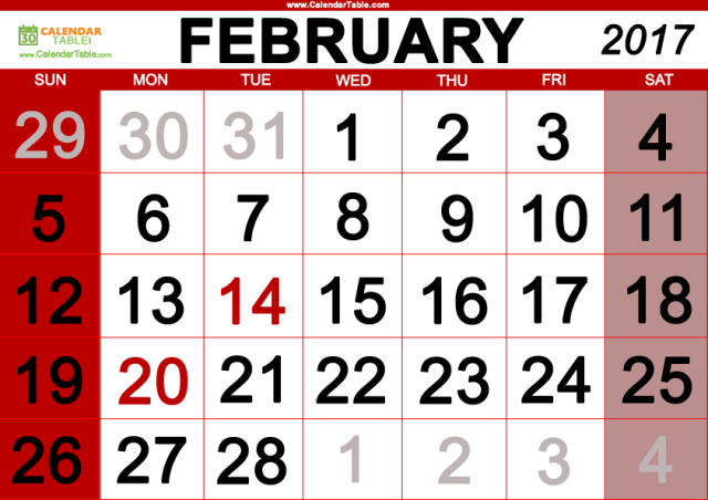 Free: February 2017 Days of the Week and Calendar | Calendar Table ...