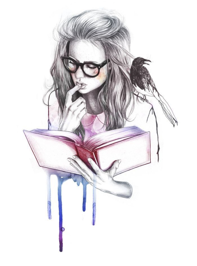 Free: Nerd girl reading drawing with watercolour drips | Art in 2019 ...