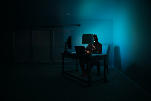 Free: Pictured - a man at a computer disguised as an anonymous hacker ...