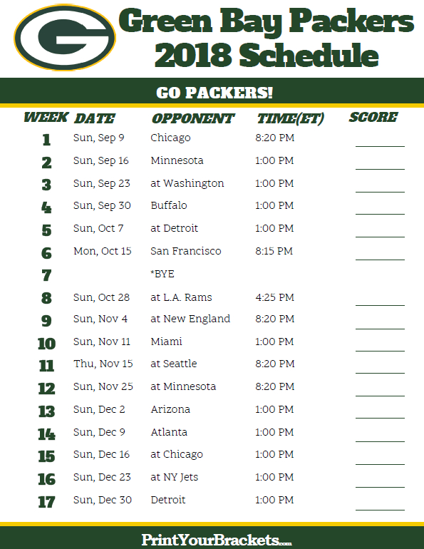 Free: Printable 2018 Green Bay Packers Football Schedule | Printable ...