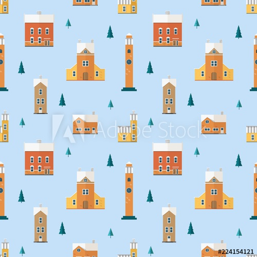 Free: Seamless pattern with old buildings, clock towers, spruce trees ...
