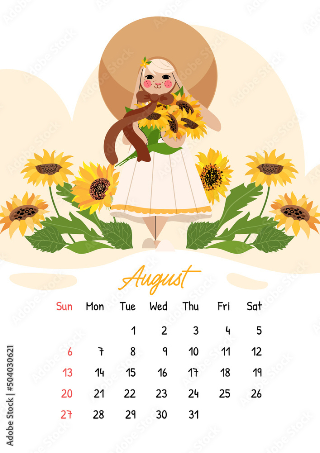 Free: Vertical vector calendar for august 2023 with cute rabbit with ...