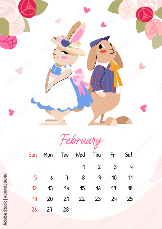 Free: Vertical vector calendar for February 2023 with rabbit couple ...