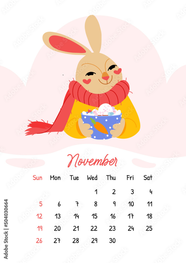 Free: Vertical vector calendar for November 2023 with cute rabbit with ...