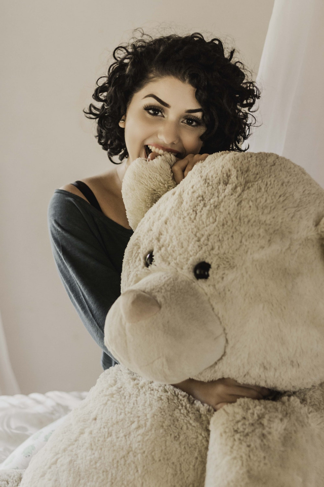 Free: Woman Hugging Bear Plush Toy - nohat.cc